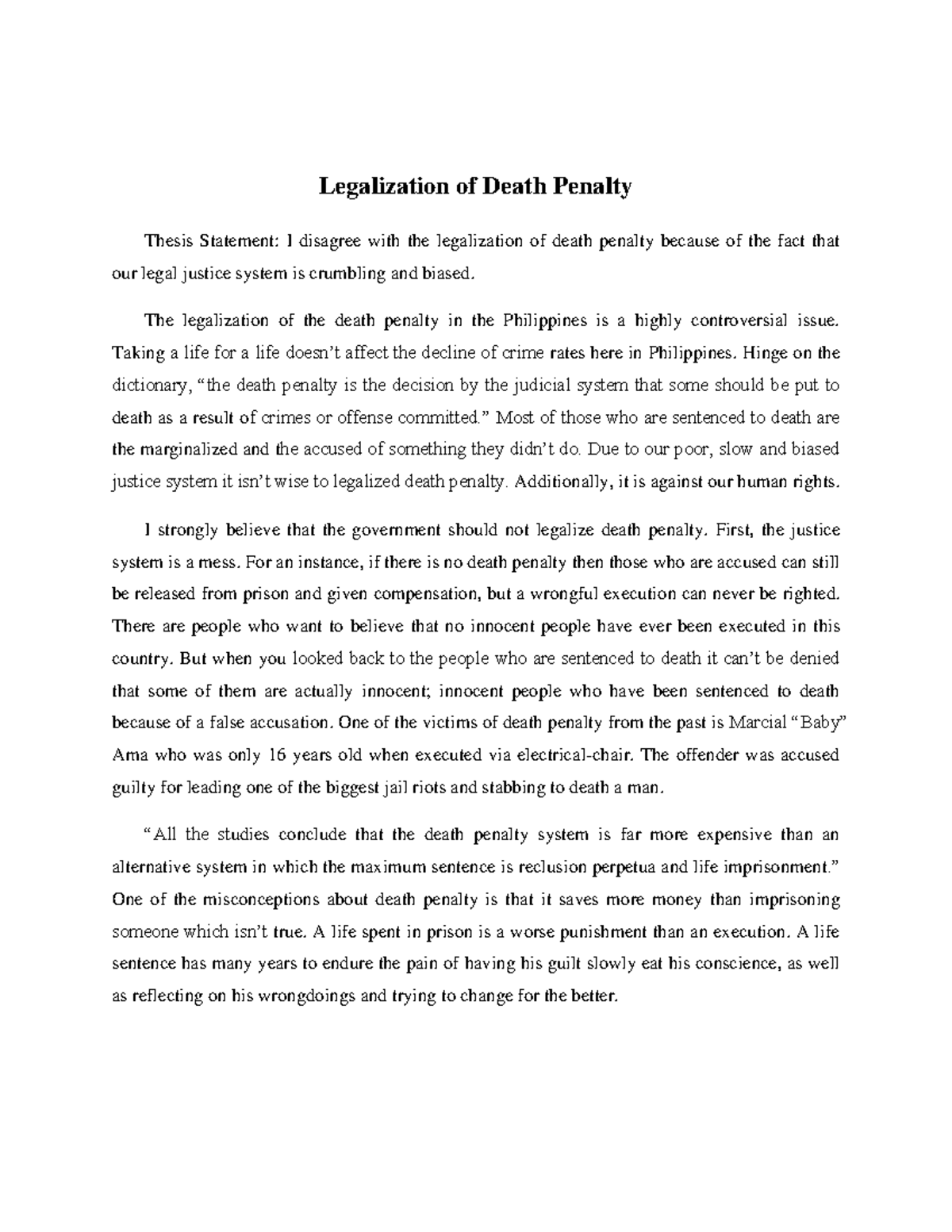 Legalization of Death Penalty - Legalization of Death Penalty Thesis ...
