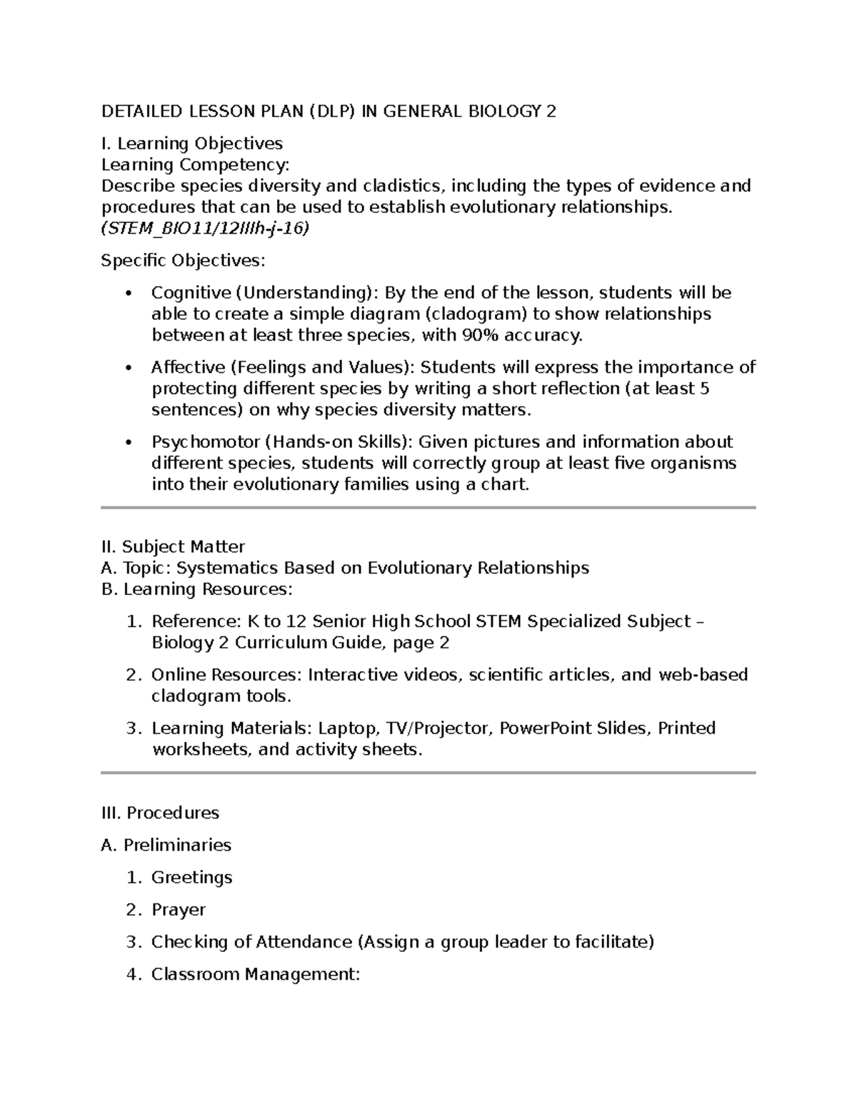 Sample DLP - n/a - DETAILED LESSON PLAN (DLP) IN GENERAL BIOLOGY 2 I ...
