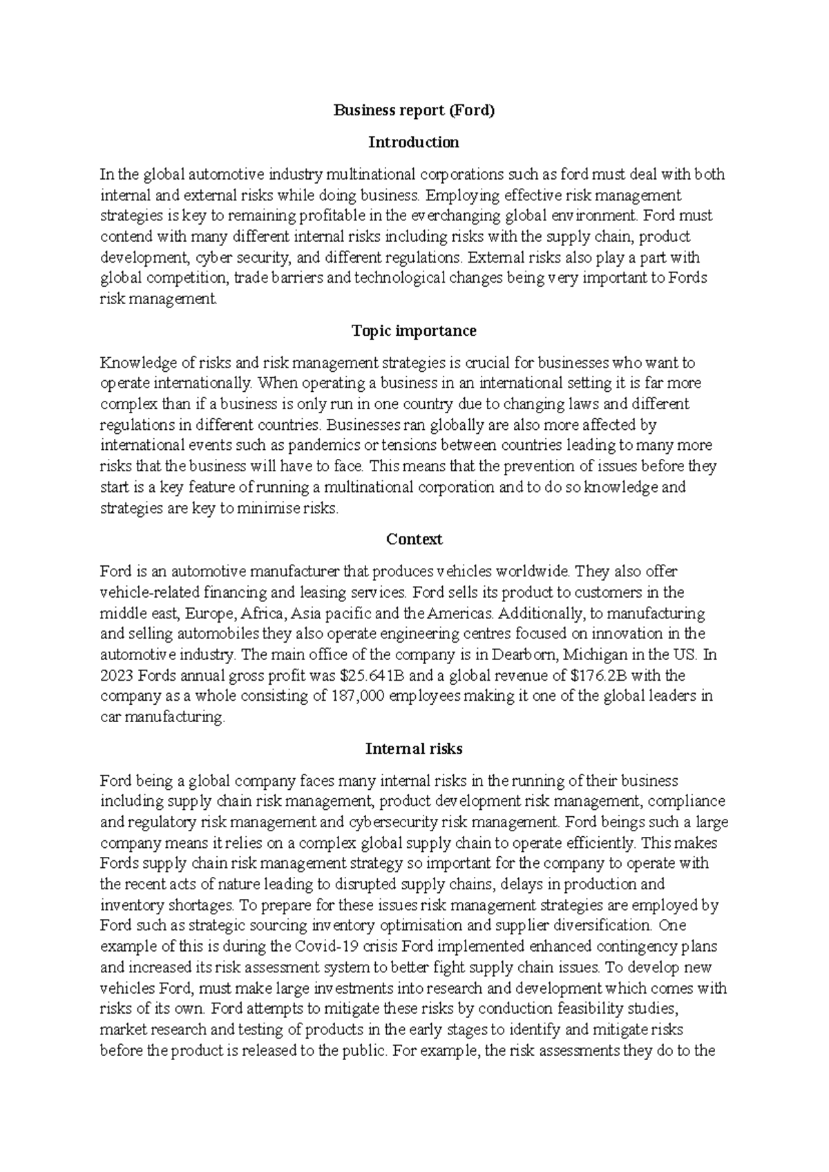 International business assignment 1 - Business report (Ford ...