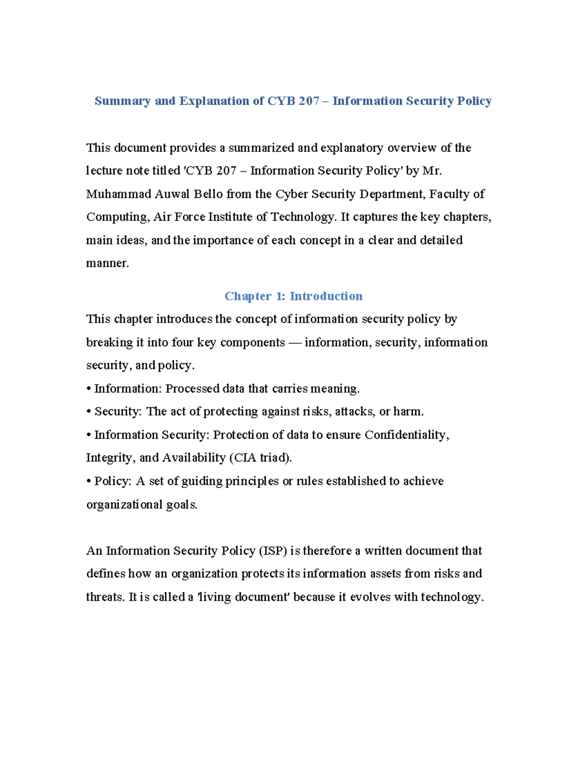 CYB 207 Lecture Summary: Key Concepts in Information Security Policy ...