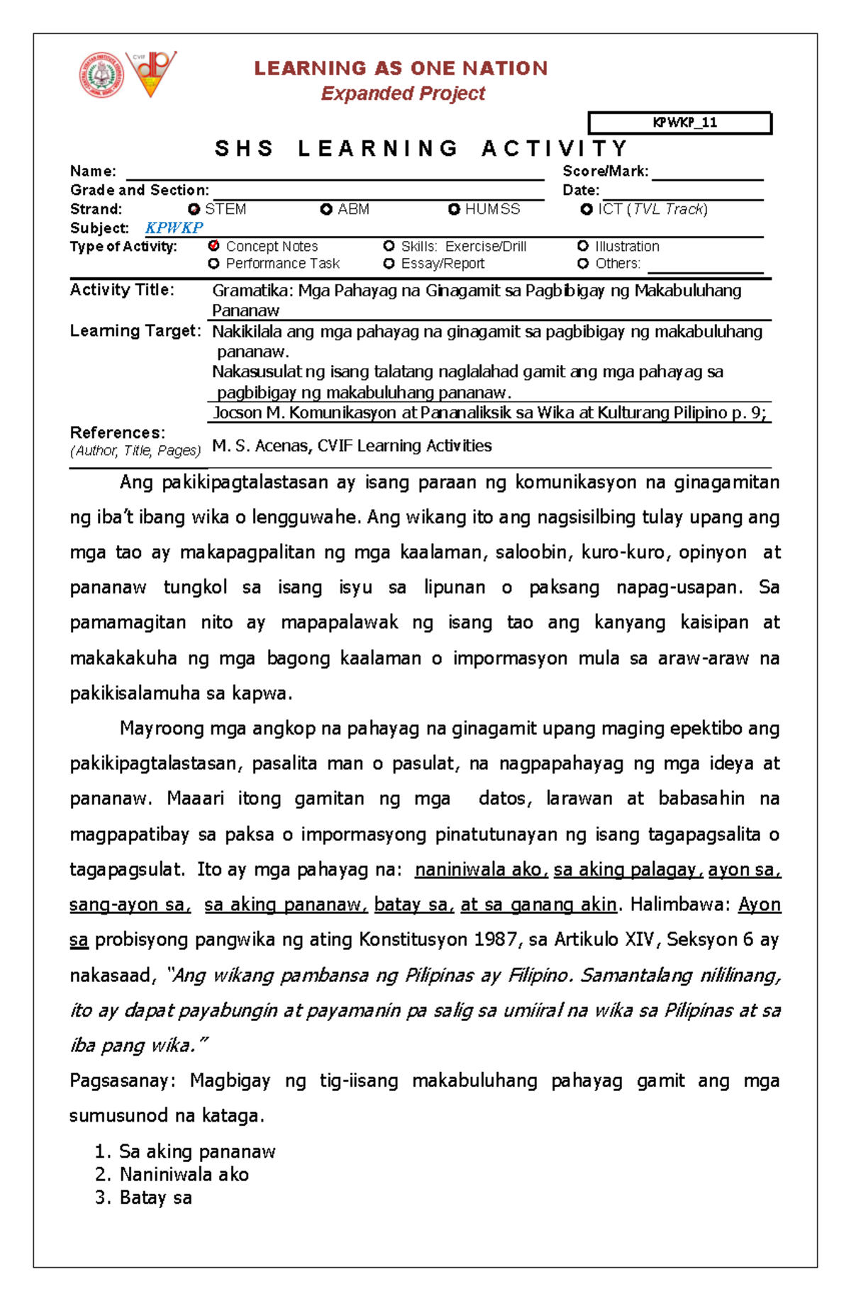 KPWKP LAS 11 Gramatika: Makabuluhang Pahayag sa Pananaw - Studocu