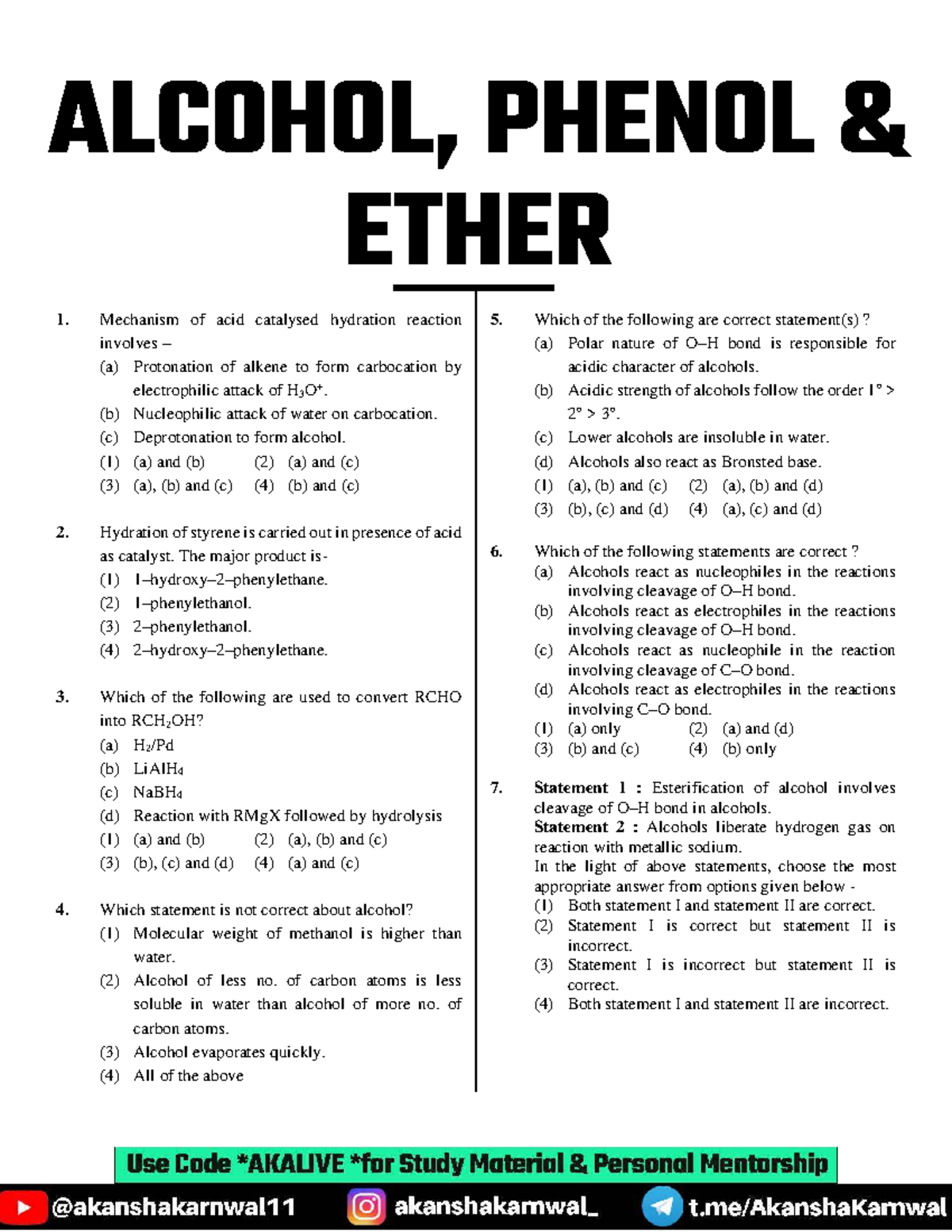 DPP: Alcohol, Phenol, and Ether Study Guide (Course Code) - Studocu