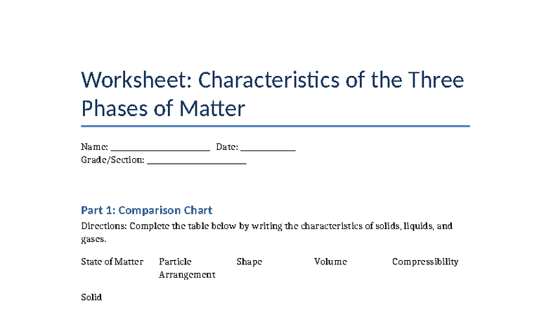 Phases of Matter Worksheet - Worksheet: Characteristics of the Three ...