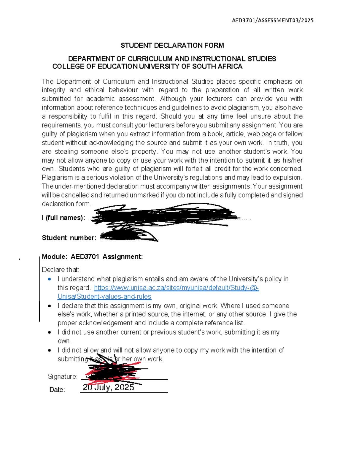 AED3701: Student Declaration Form & Plagiarism Policy Overview - Studocu