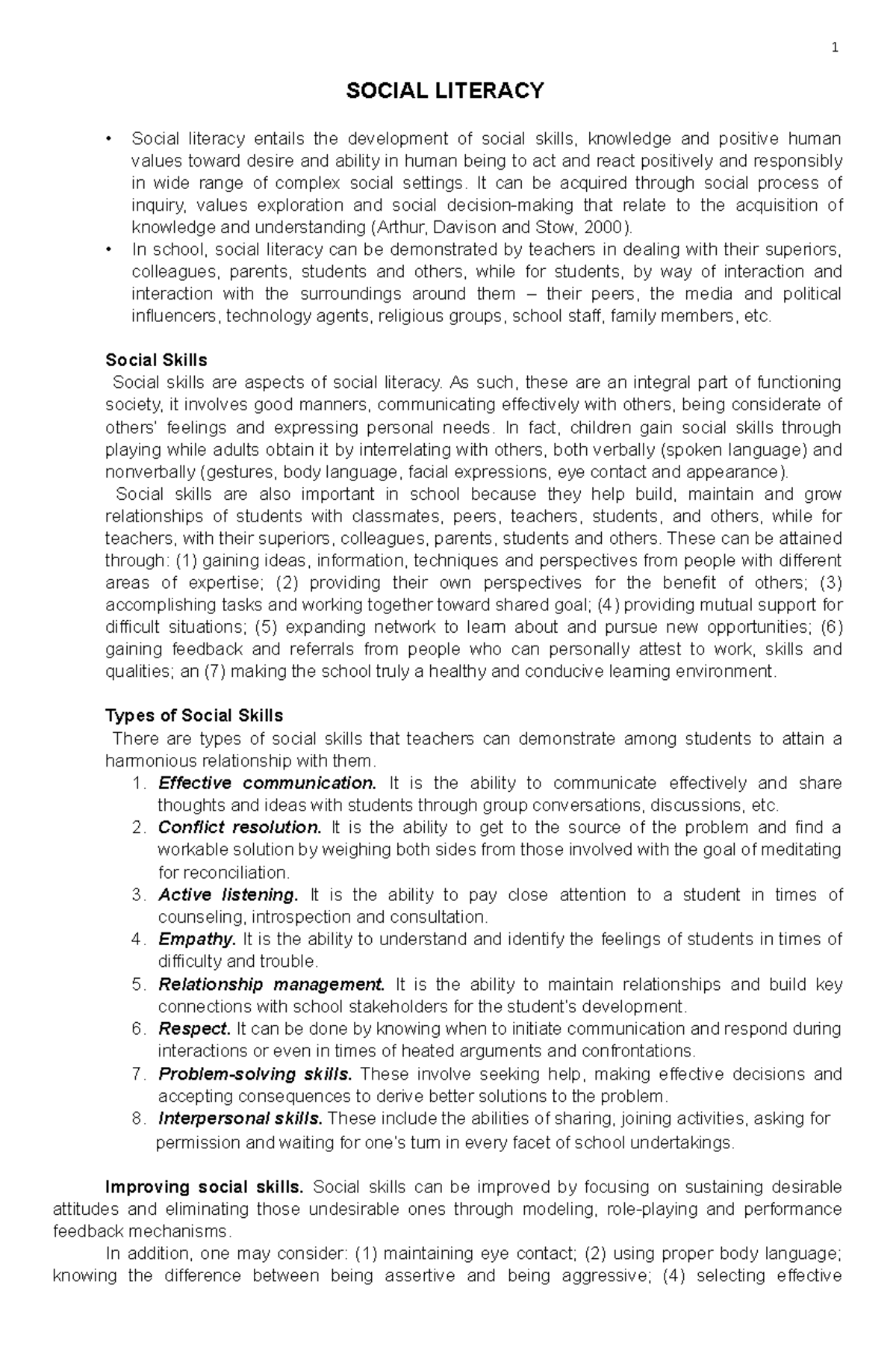 Enhancing Social Literacy and Emotional Intelligence: Concepts ...