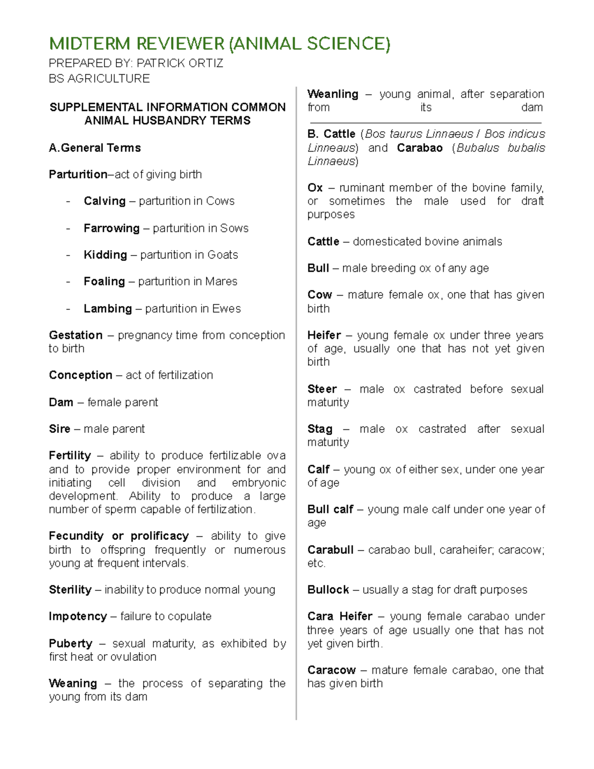 MIDTERM REVIEWER (ANIMAL SCIENCE) BY PATRICK ORTIZ, BS AGRICULTURE ...