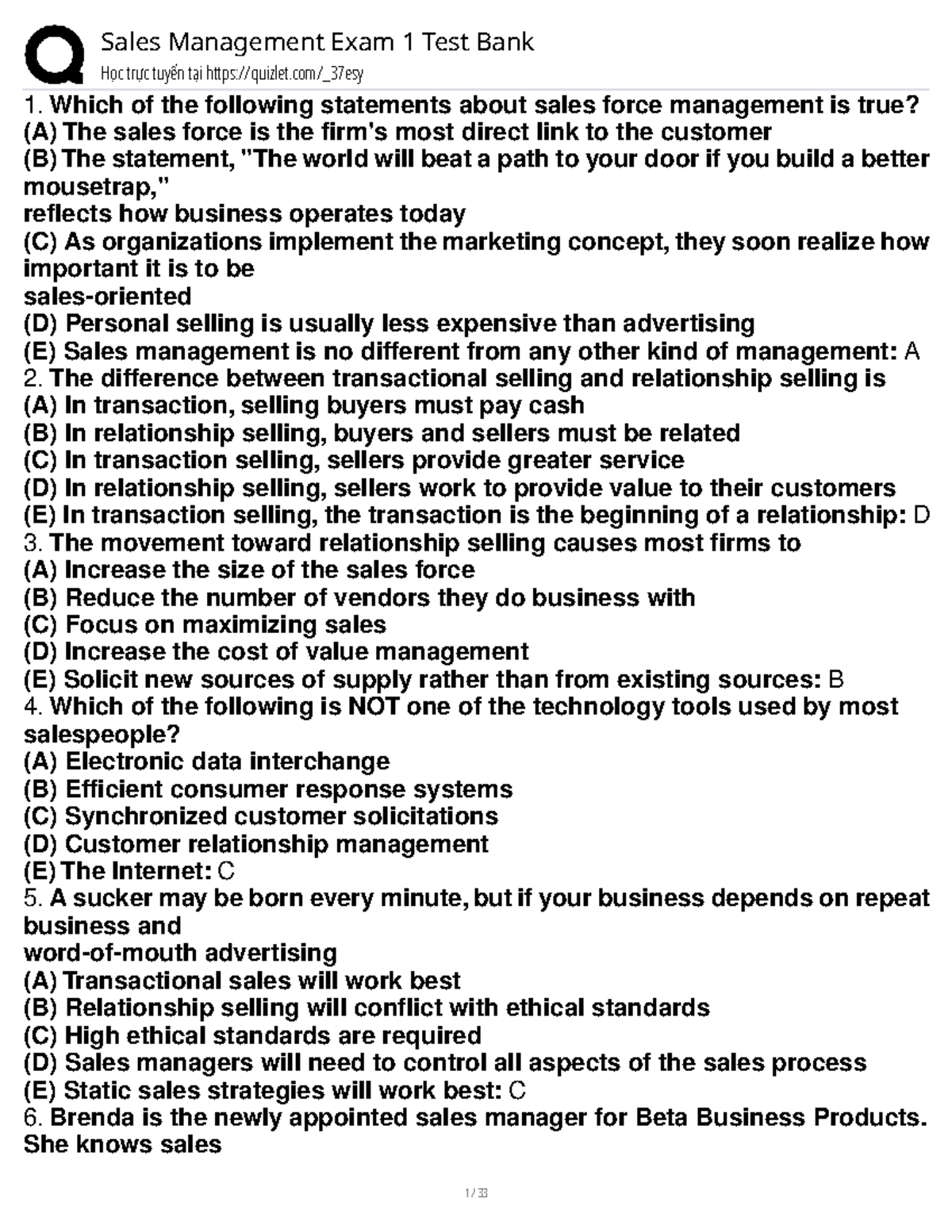Sales Management Exam 1 Test Bank (QTTBMCQ) - Studocu