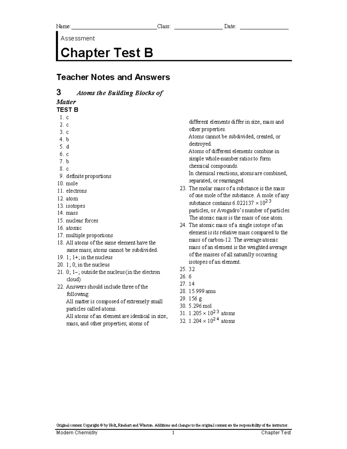 Modern Chemistry 1: Chapter 3 Test B Teacher Notes & Answers - Studocu