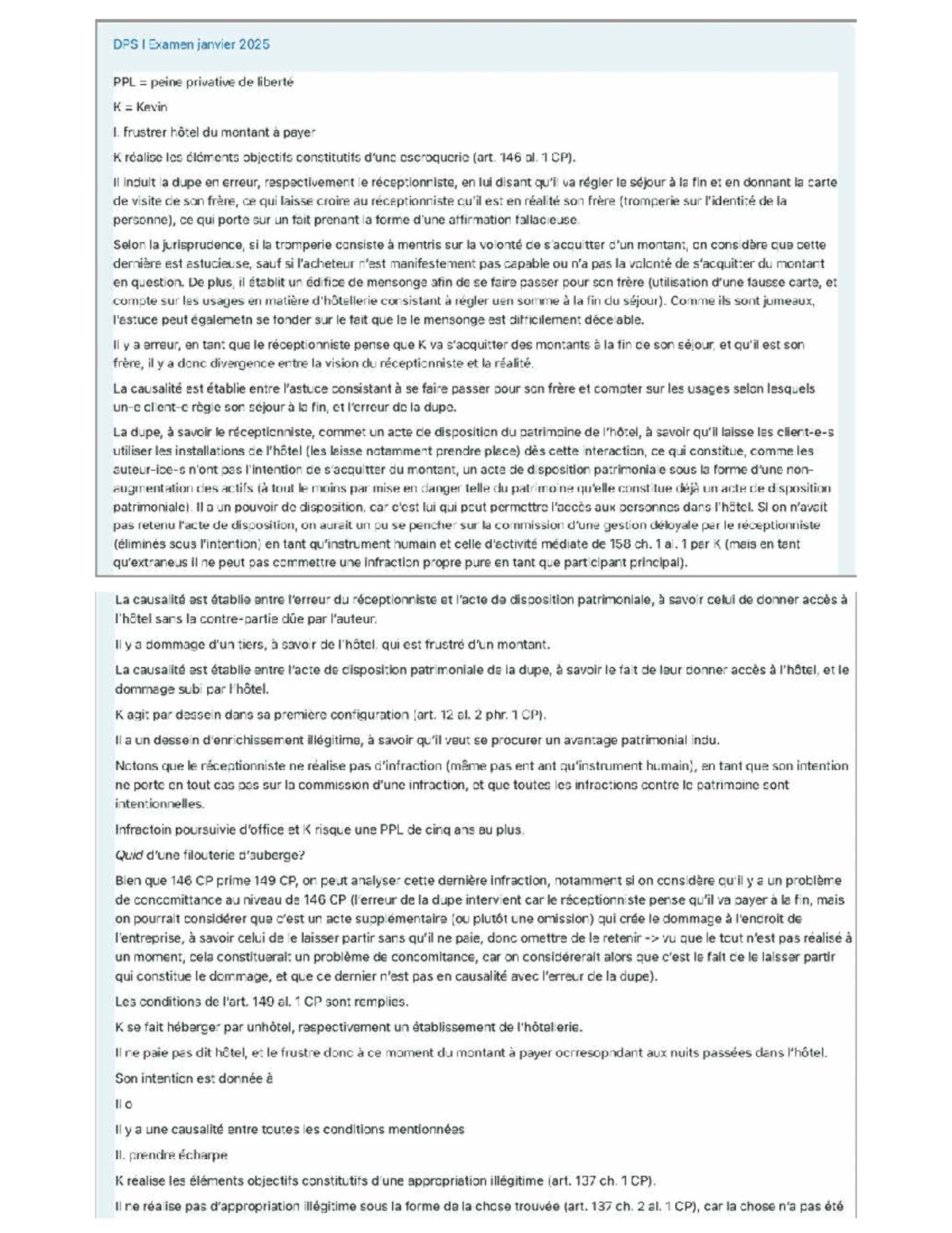 DPS I Janvier 2025 - Analyse des Infractions de K et PPL - Studocu