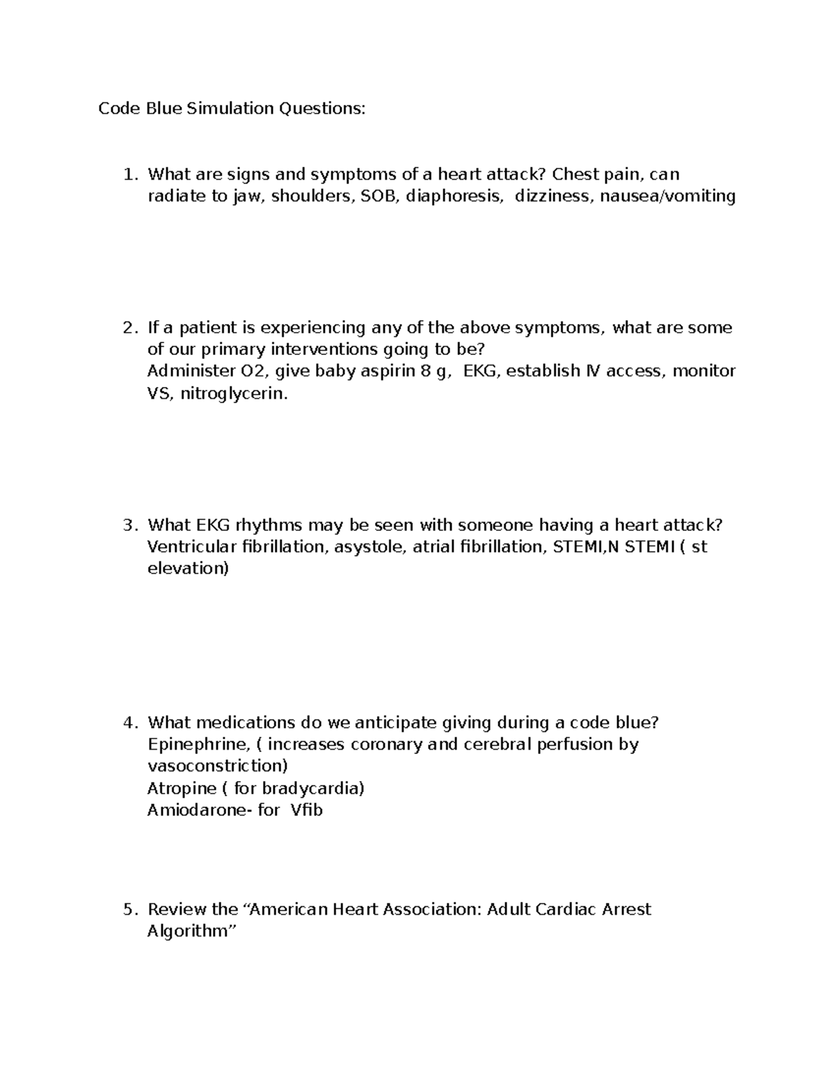 Code Blue Simulation Questions: Heart Attack Signs & Interventions ...