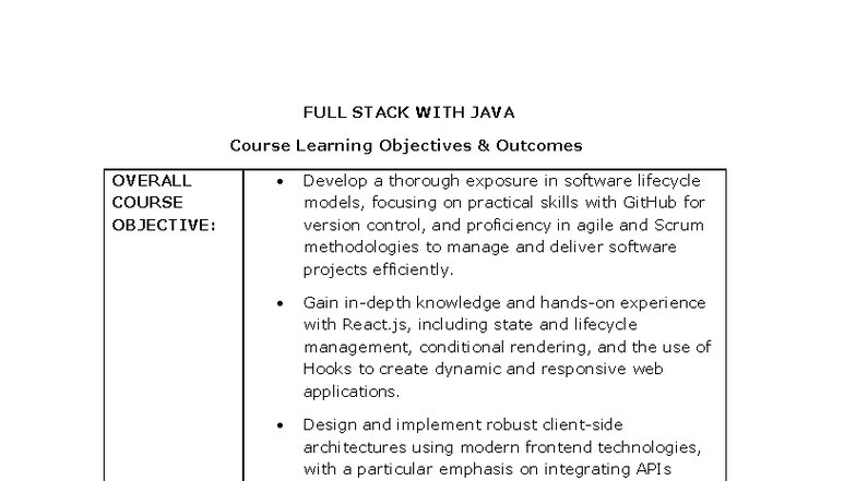 Full Stack Development with Java: Course Objectives & Outcomes - Studocu