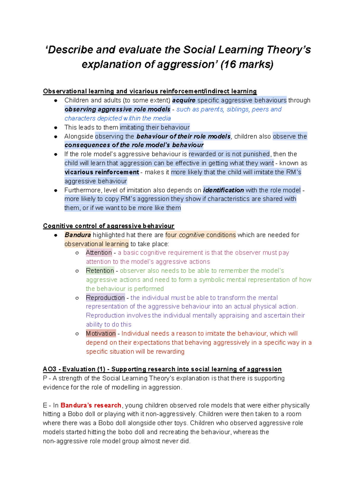 Social Learning Theory's Explanation of Aggression - Essay Plan (16 Marks) - Studocu