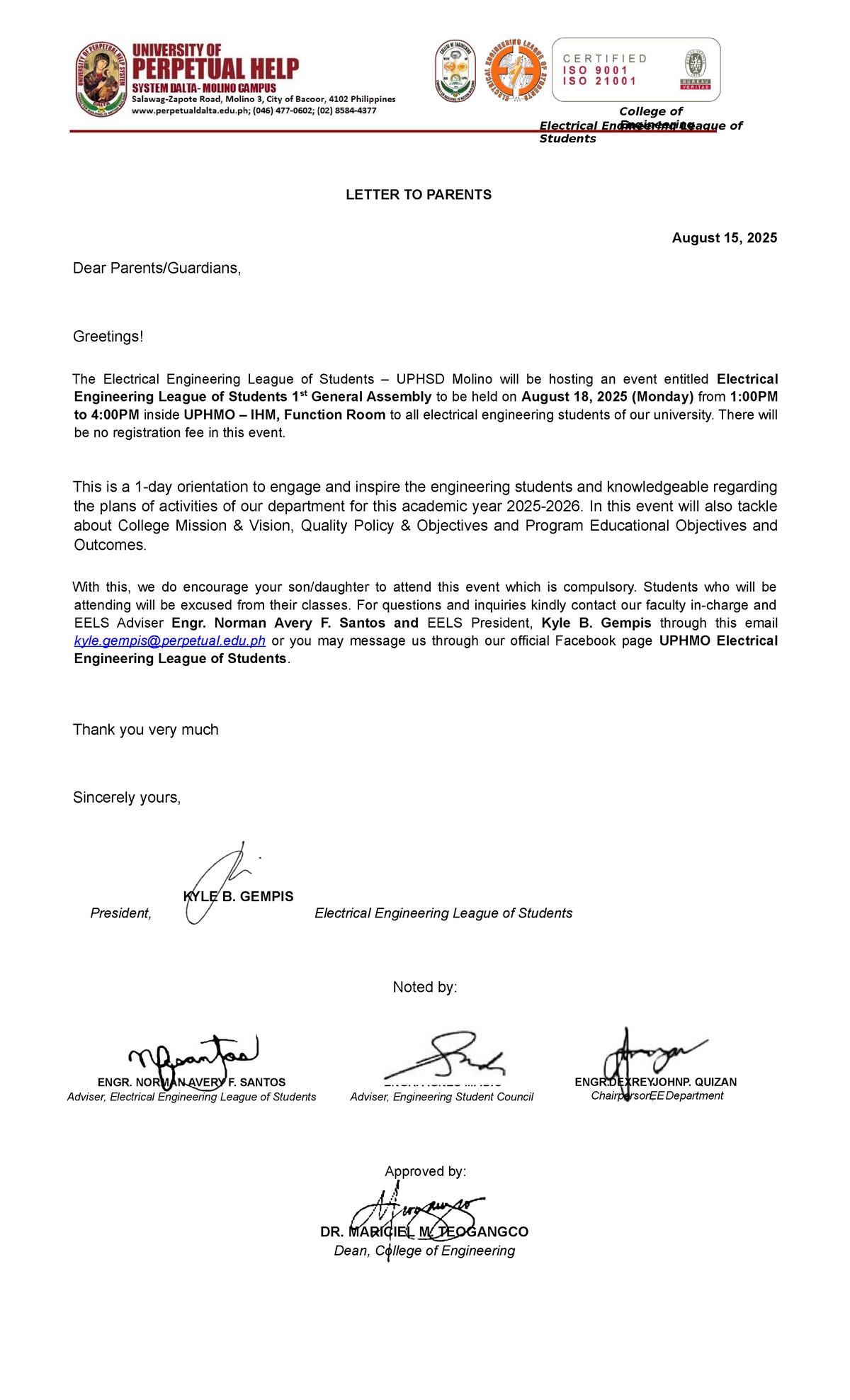 EE League of Students 1st General Assembly Letter to Parents - Studocu
