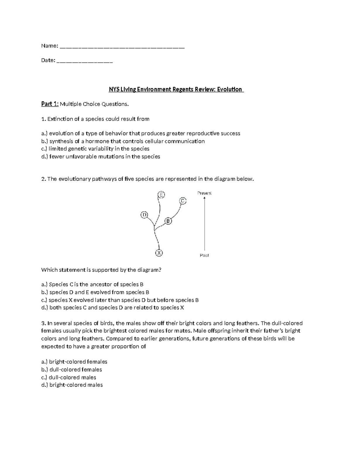 NYS Living Environment Regents Review: Evolution MCQ Practice - Studocu