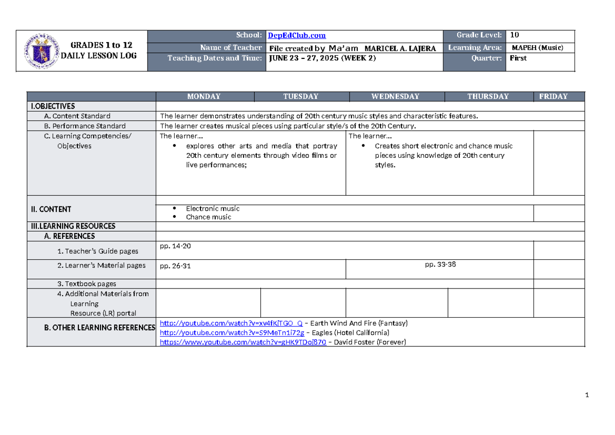 DLL MAPEH Music 10 - Week 2 Lesson Plan and Activities - Studocu