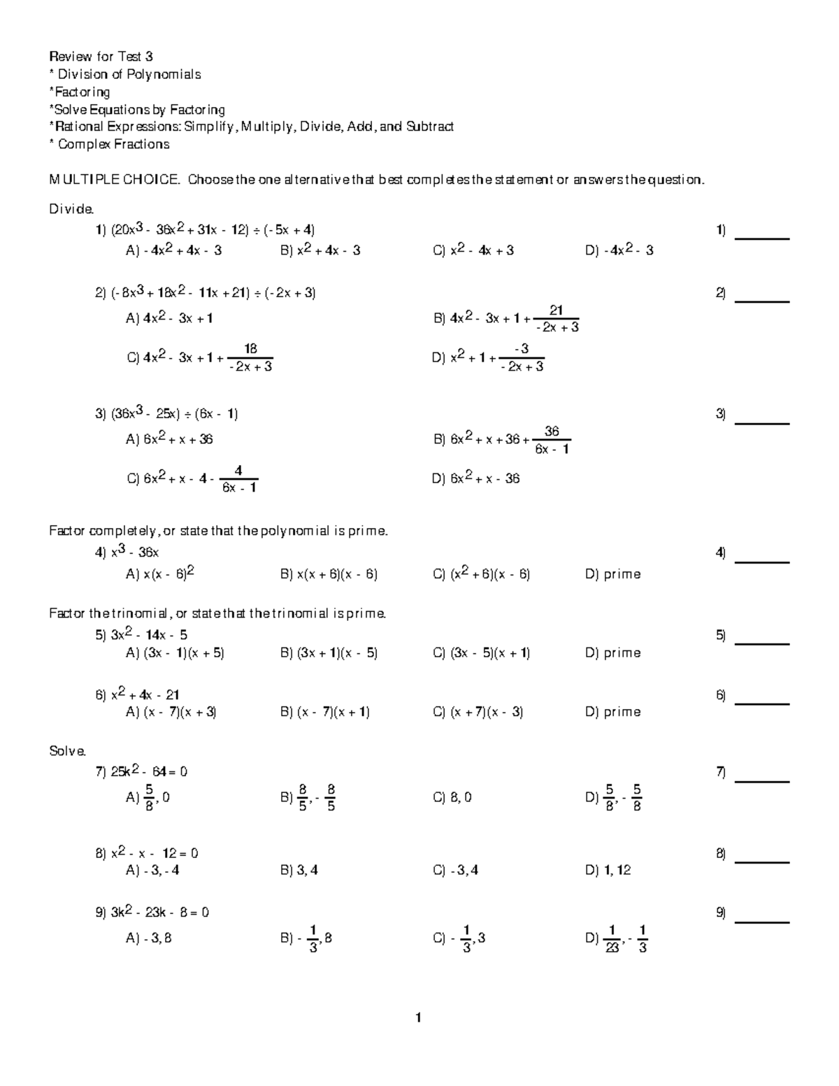 MAT 1033 Test 3 Review - Practice Questions on Polynomials & Factoring ...