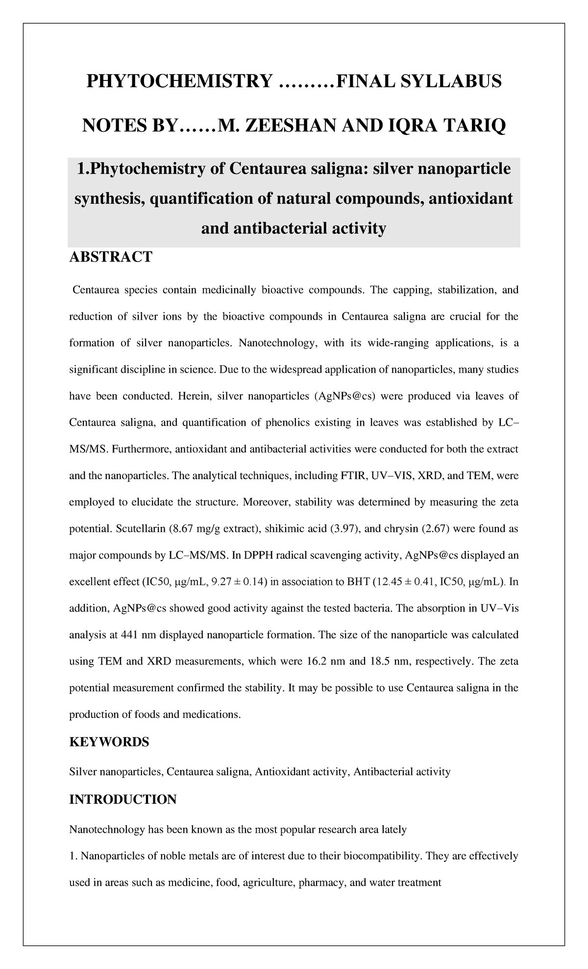 Phytochemistry Syllabus Notes: Silver Nanoparticle Synthesis ...