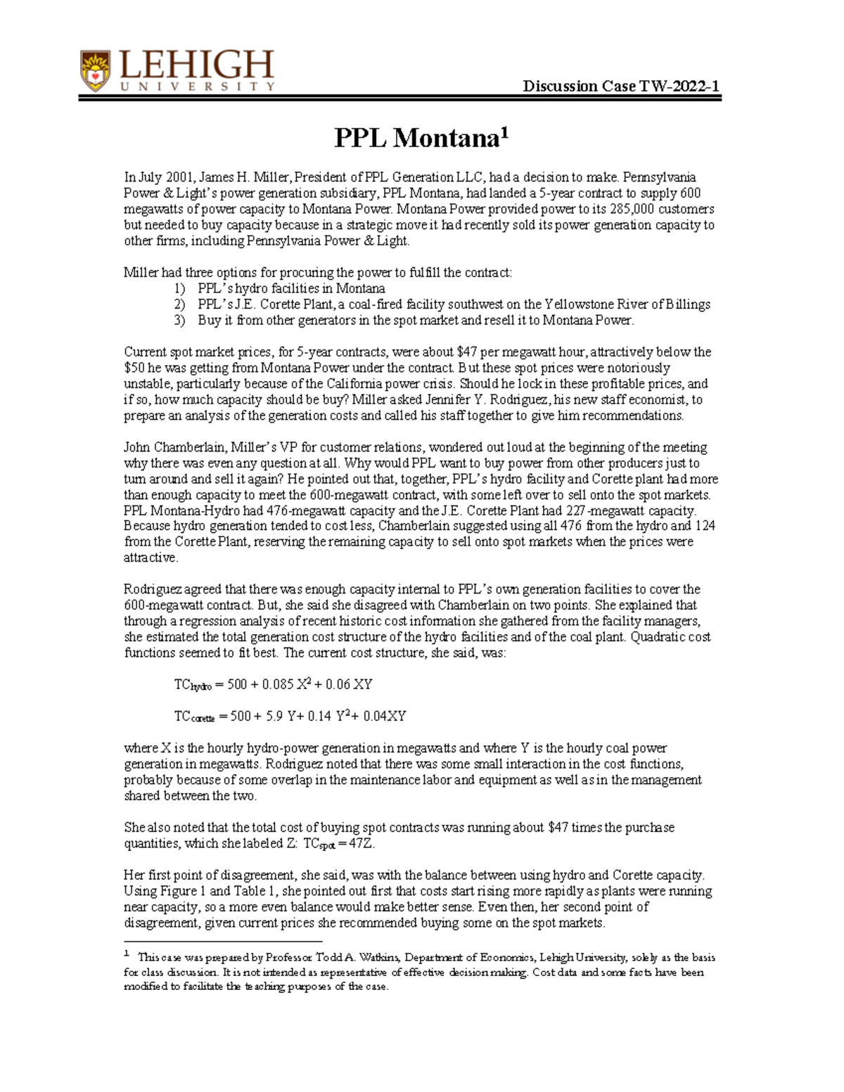 PPL Montana Case Study TW-2022: Power Generation Decision Analysis ...