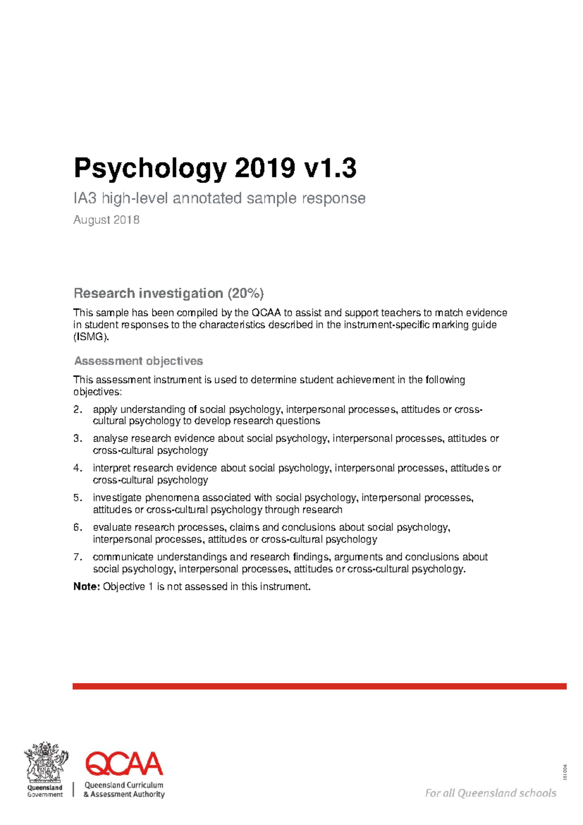 Psychology 2019 v1.3 IA3 Annotated Sample Response & Assessment Guide ...