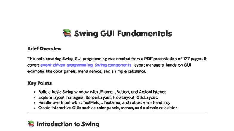 Swing GUI Programming Overview: Key Concepts and Examples - Studocu