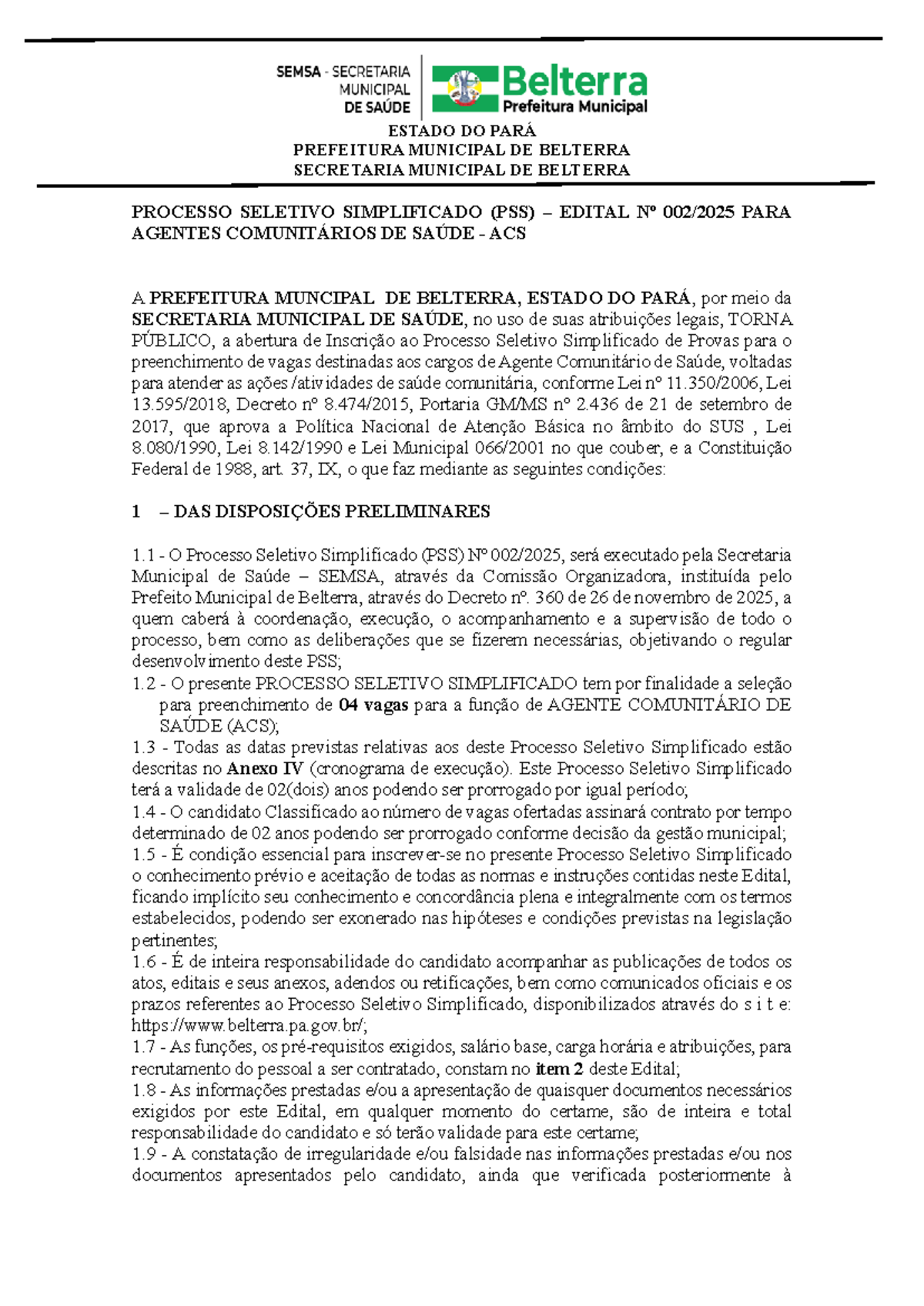 Edital PSS 2025 para Agentes Comunitários de Saúde - Belterra, PA - Studocu