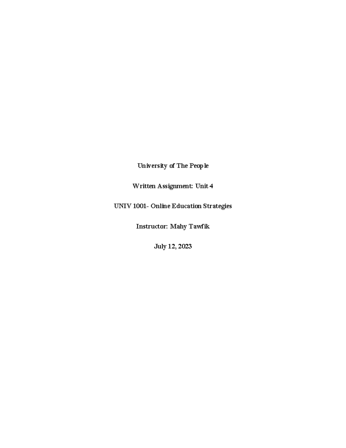 UNIV 1001 Written Assignment: Peer Assessment in Online Learning - Studocu