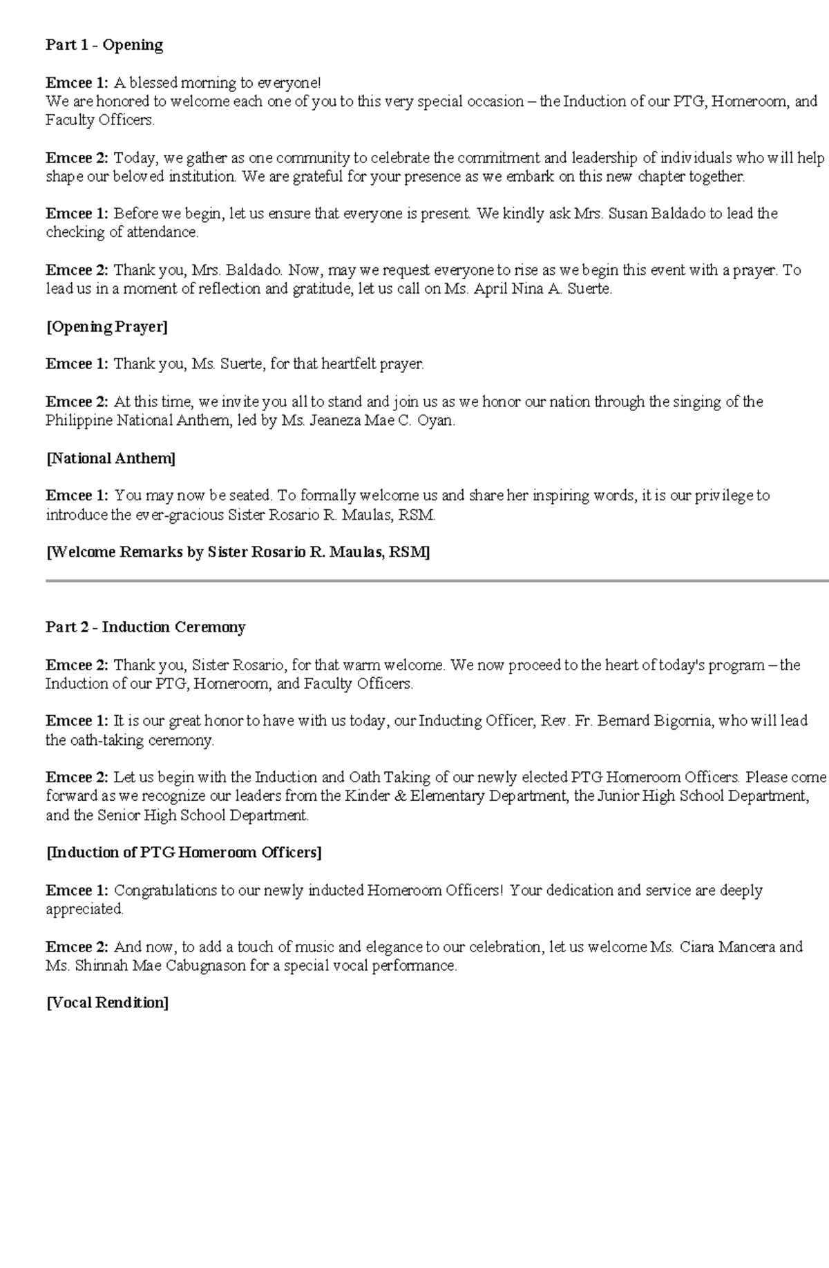 Induction Ceremony Script for PTG, Homeroom & Faculty Officers - Studocu