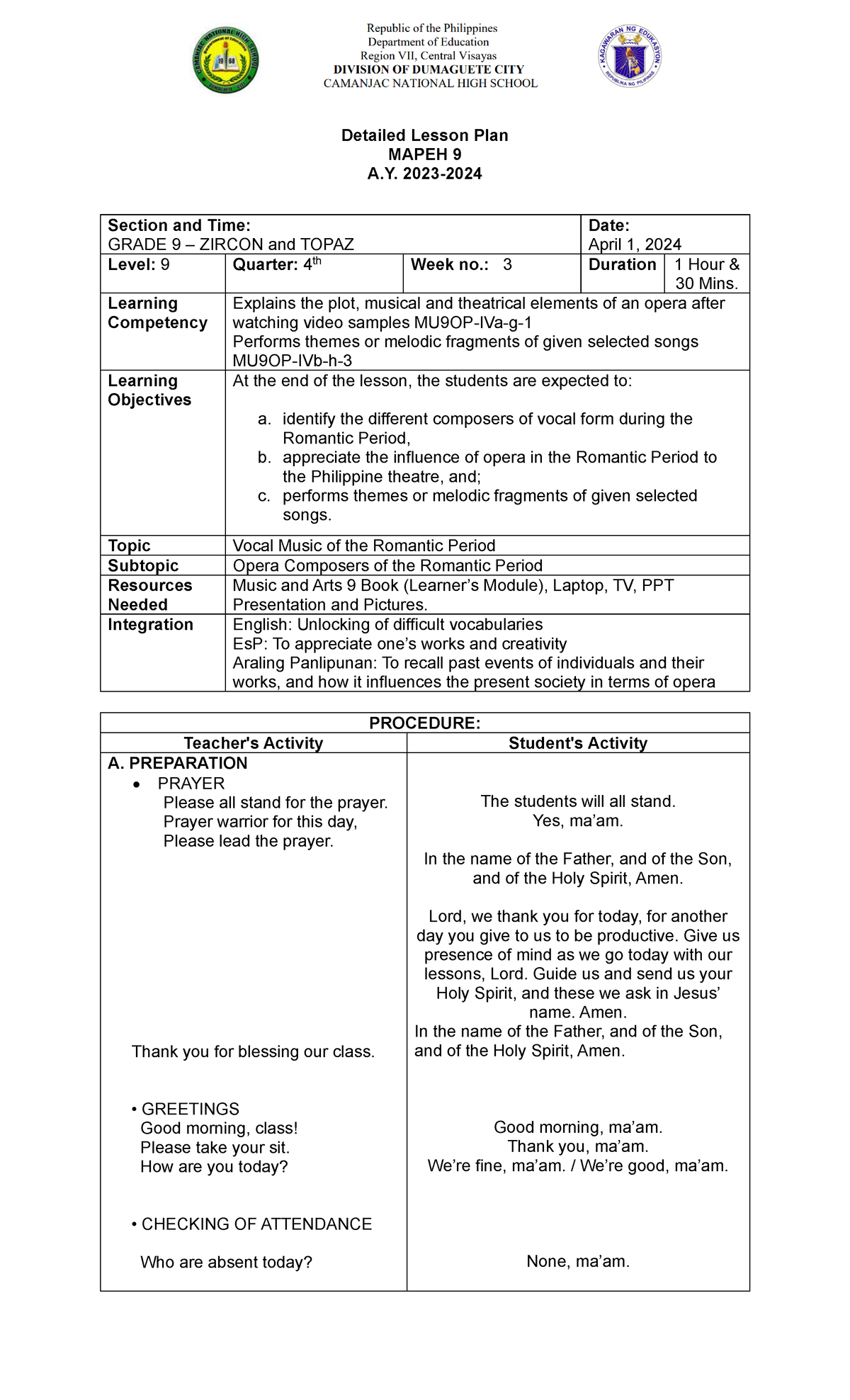 DLP MAPEH 9 4Q #3 April 2024 - Opera Composers Lesson Notes - Studocu