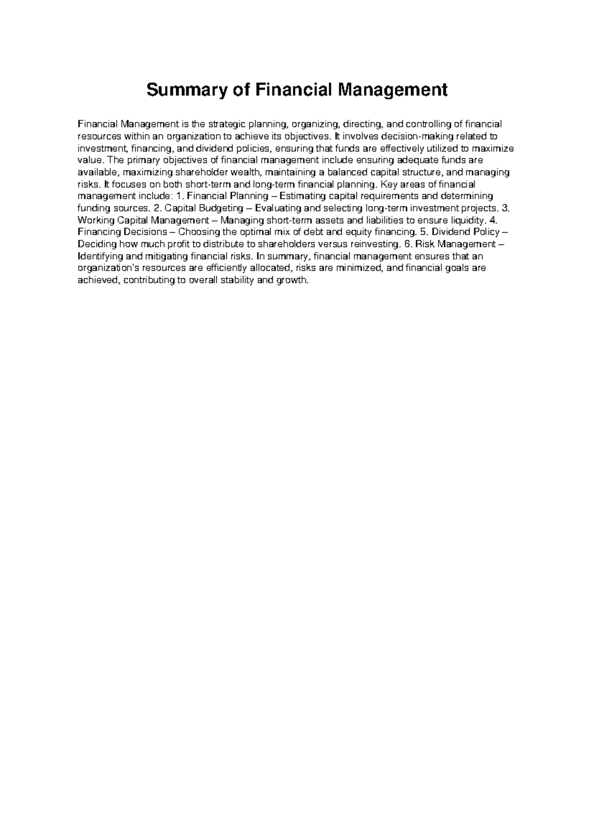 Financial Management Summary: Key Concepts and Objectives - Studocu