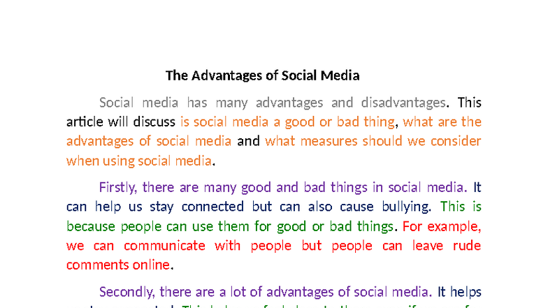 The Advantages and Disadvantages of Social Media: A PEEL Article - Studocu