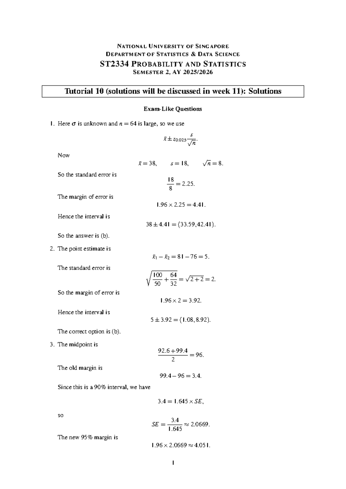ST2334 Probability and Statistics: Tutorial 10 Solutions - Studocu