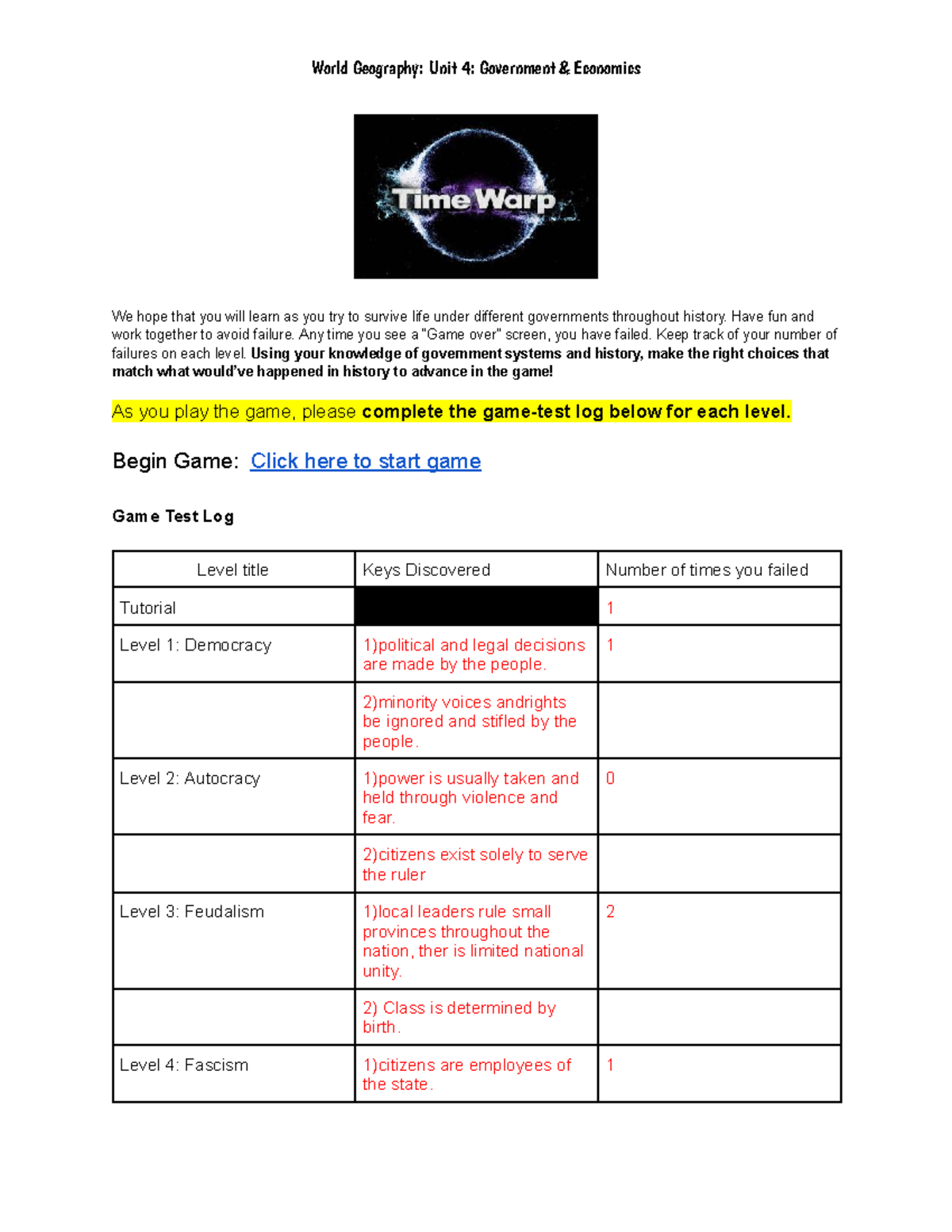 World Geography: Unit 4 - Govts Thru Time Game Guide - Studocu