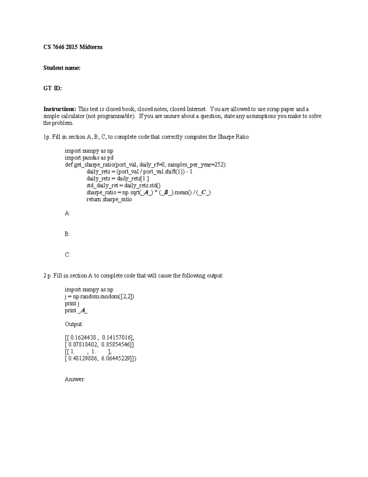 CS 7646 2015 Midterm Exam Solutions and Question Details - Studocu