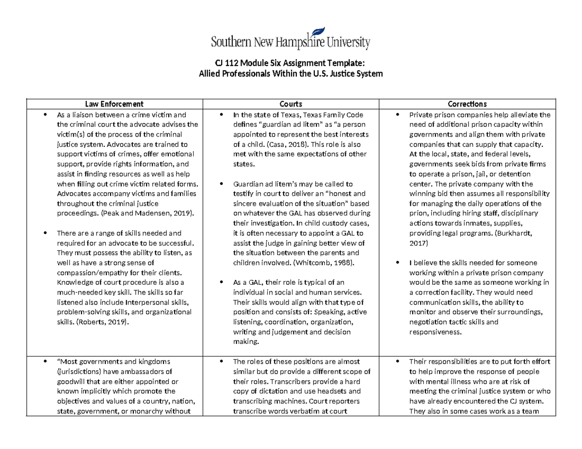 CJ 112 Final Exam Module 6: Roles of Allied Professionals in Justice ...