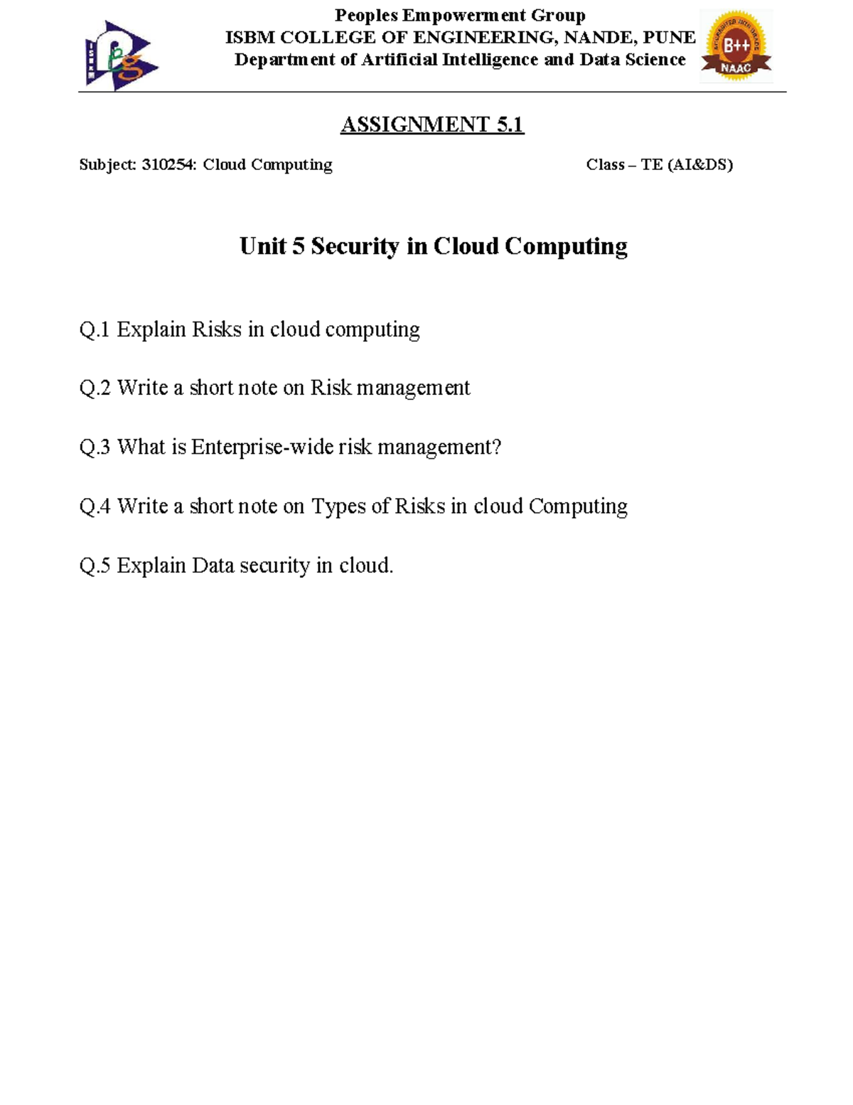 Assignment 5: Unit 5 Security in Cloud Computing (310254) - Studocu