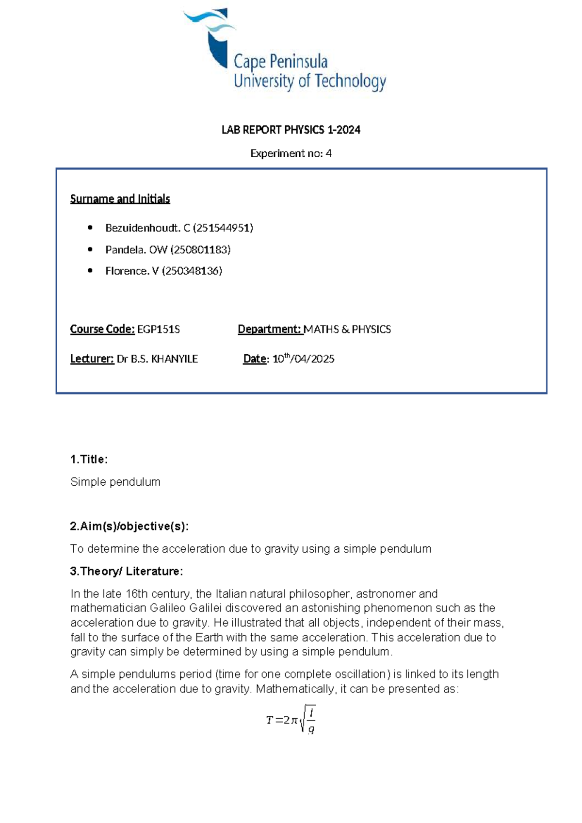 EGP151S Physics Lab Report: Simple Pendulum Experiment 4 - Studocu