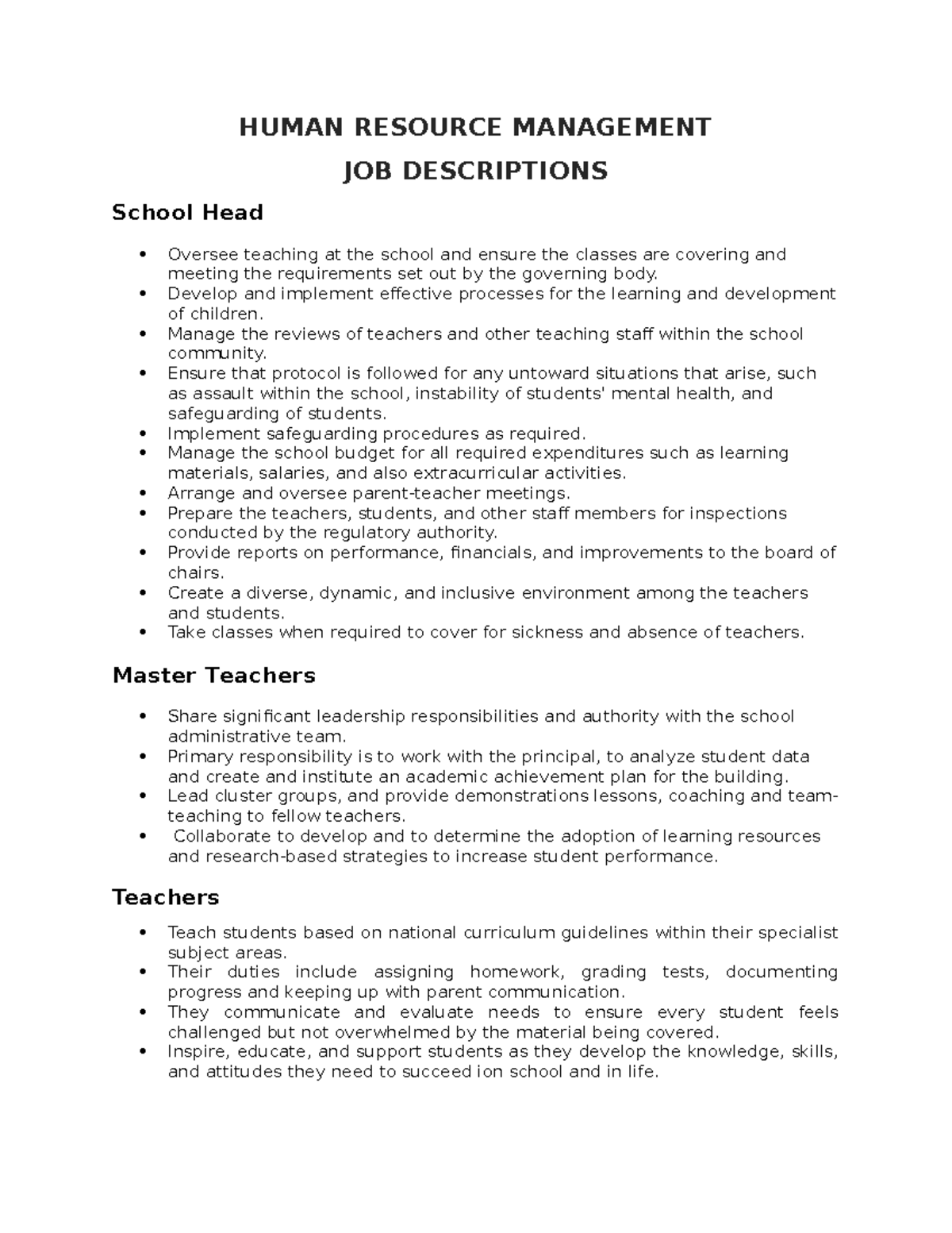 HRM Assignment: Job Descriptions for Educational Roles - Studocu