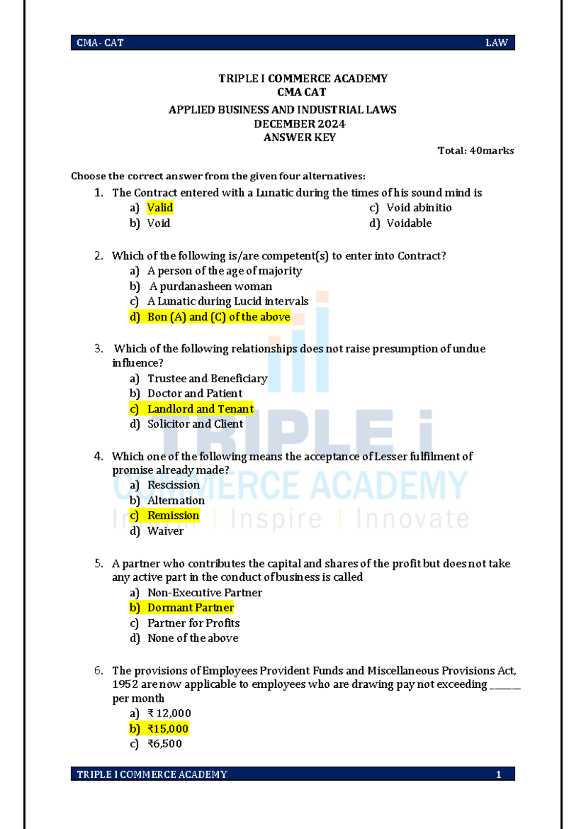 CMA CAT Applied Business and Industrial Laws Dec 2024 Answer Key - Studocu