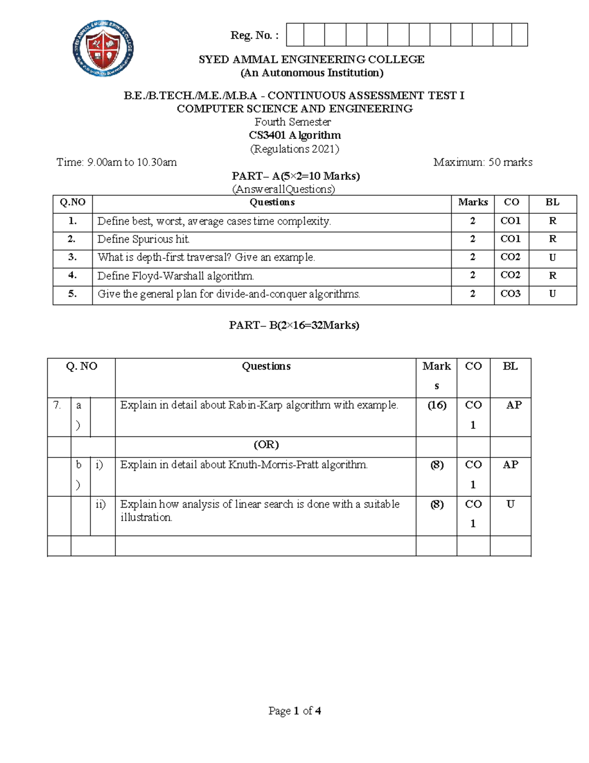 CS3401 Continuous Assessment Test I: Algorithms - 4th Sem Notes - Studocu