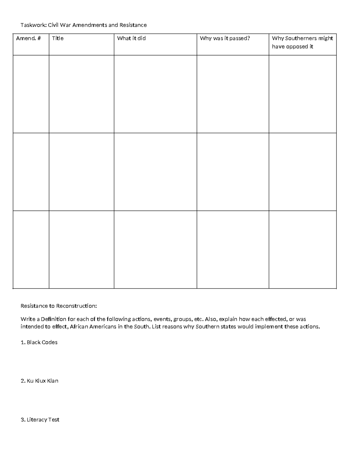 Civil War Amendments and Resistance organizer - Taskwork: Civil War ...