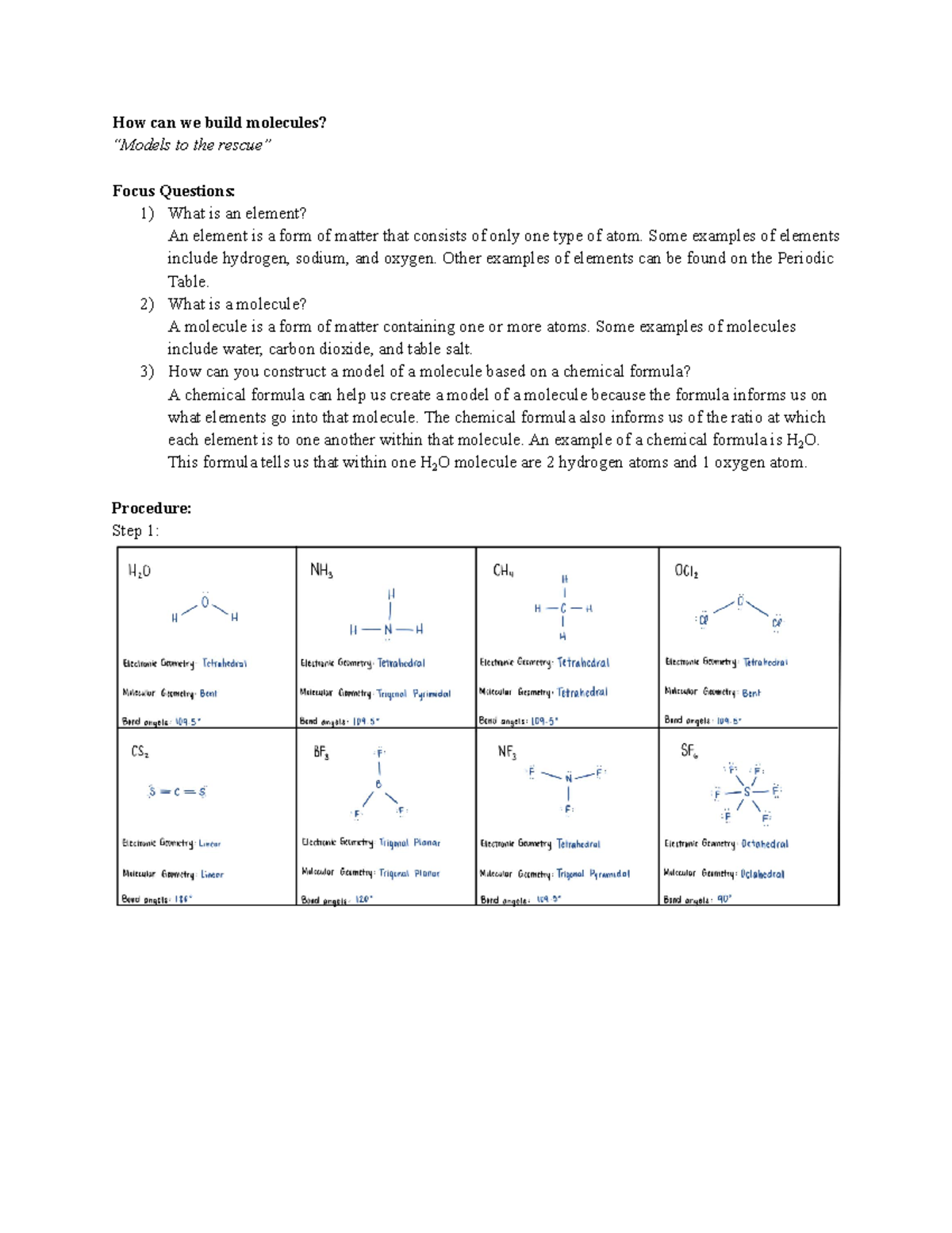 Molecule Construction Guide: Lab 5 CHEM 106 Overview - Studocu