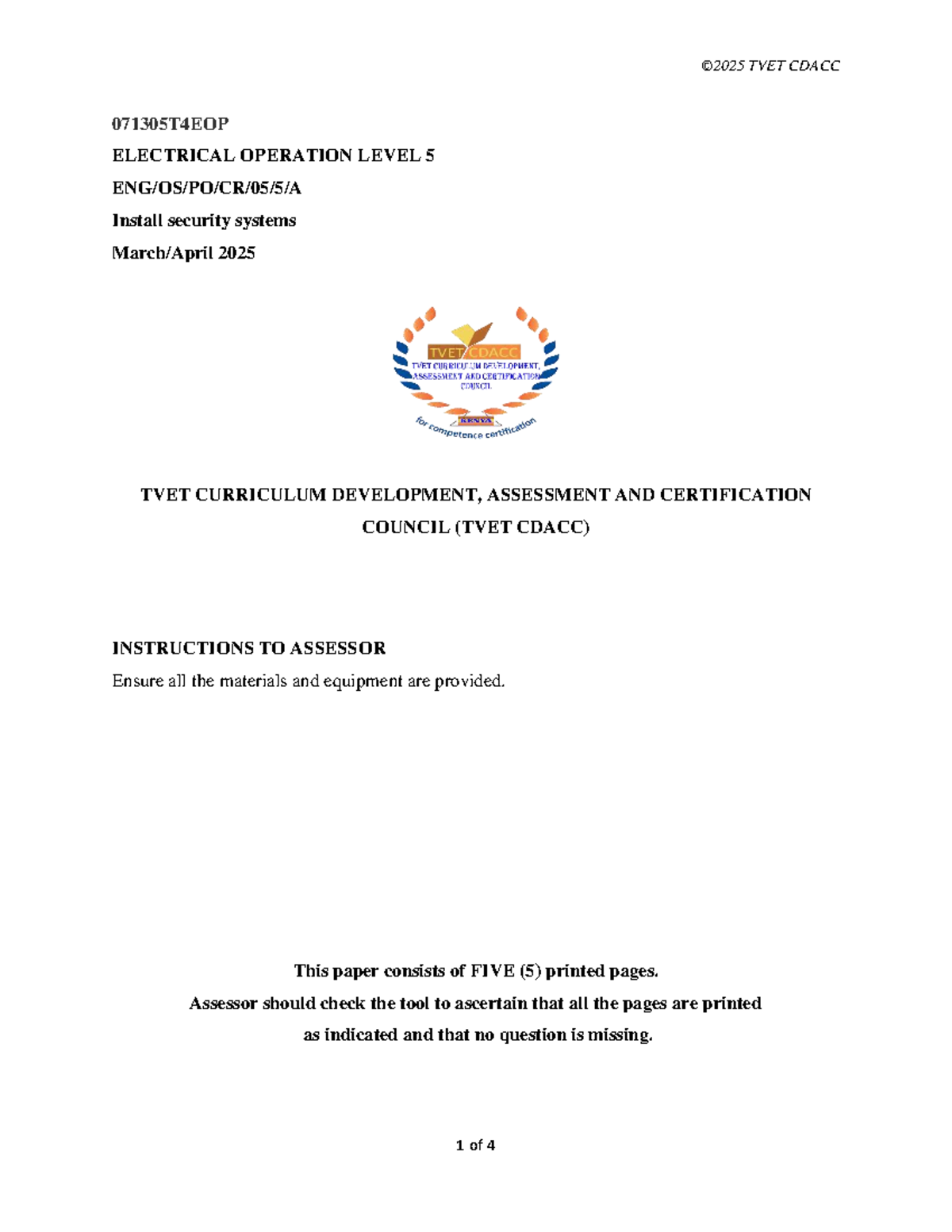 TVET CDACC 071305T4EOP Level 5 Install Security Systems Assessment 2025 ...