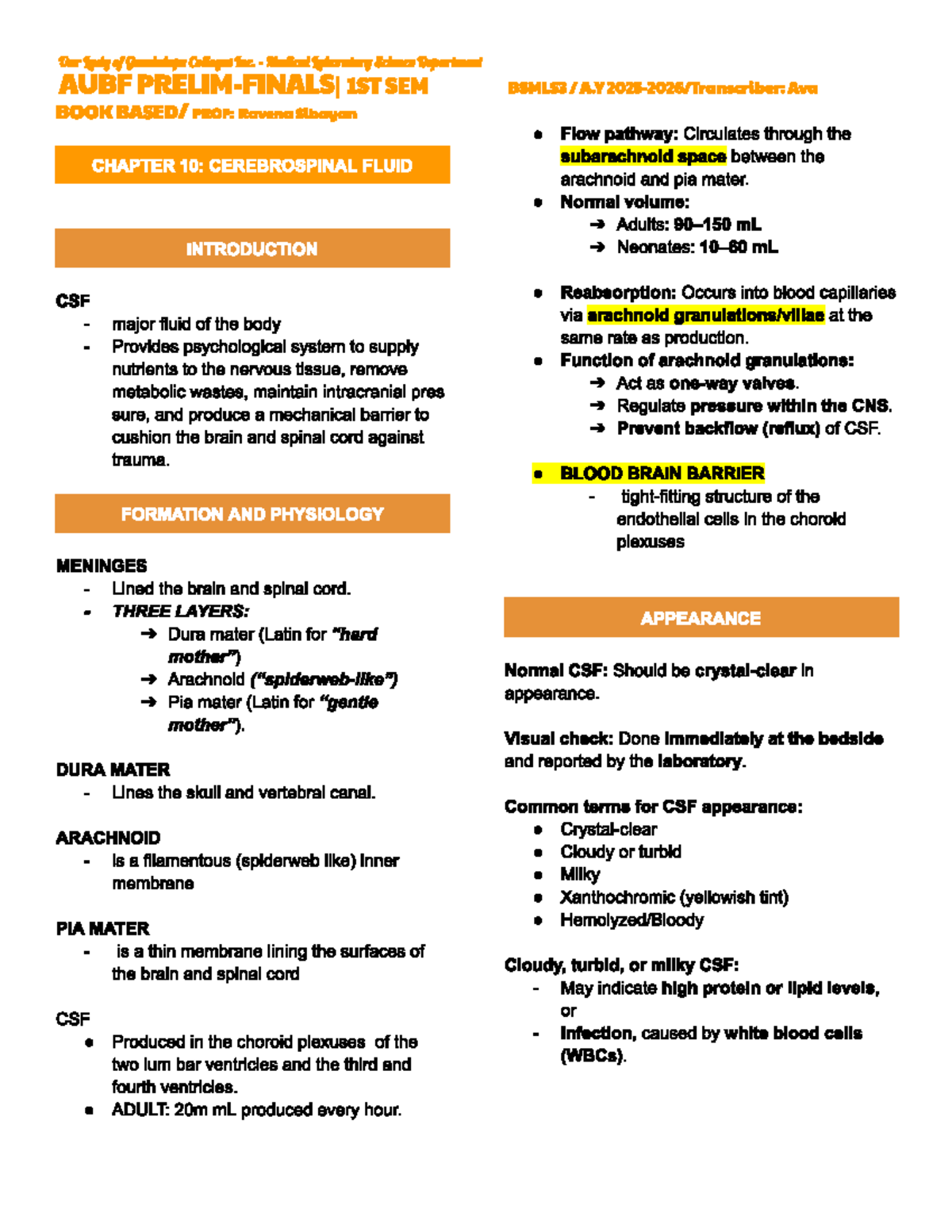 AUBF 1ST SEM BSMLS3 A.Y: Chapter 10 CSF Overview and Key Concepts - Studocu