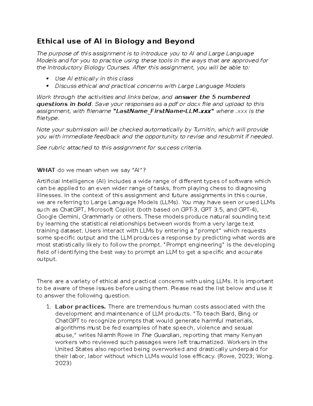 BIOS 1107 Ethical Use of AI in Biology: Assignment Overview - Studocu