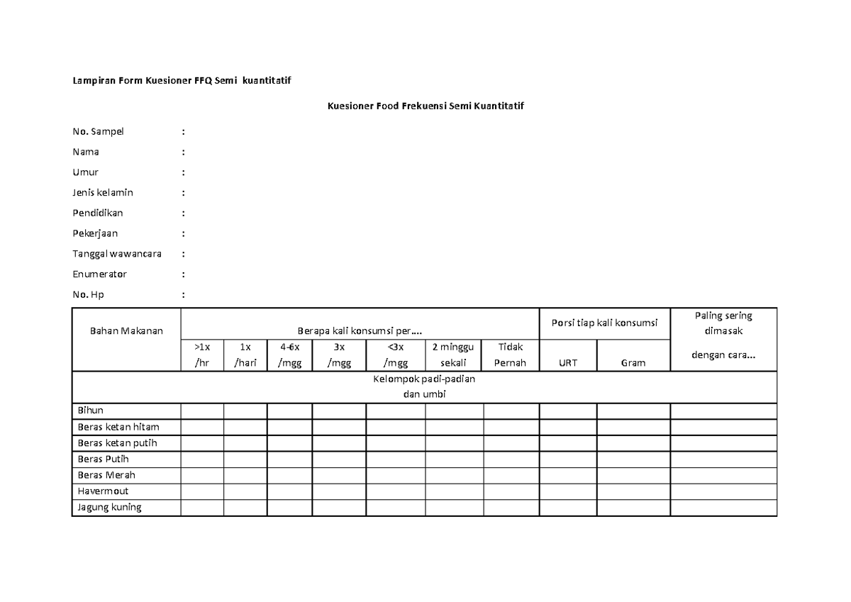 Form Kuesioner FFQ Semi Kuantitatif untuk Analisis Konsumsi Makanan ...