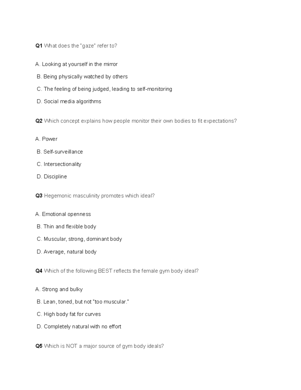 Quiz Answer Key - Body Image Concepts and Ideals - Studocu