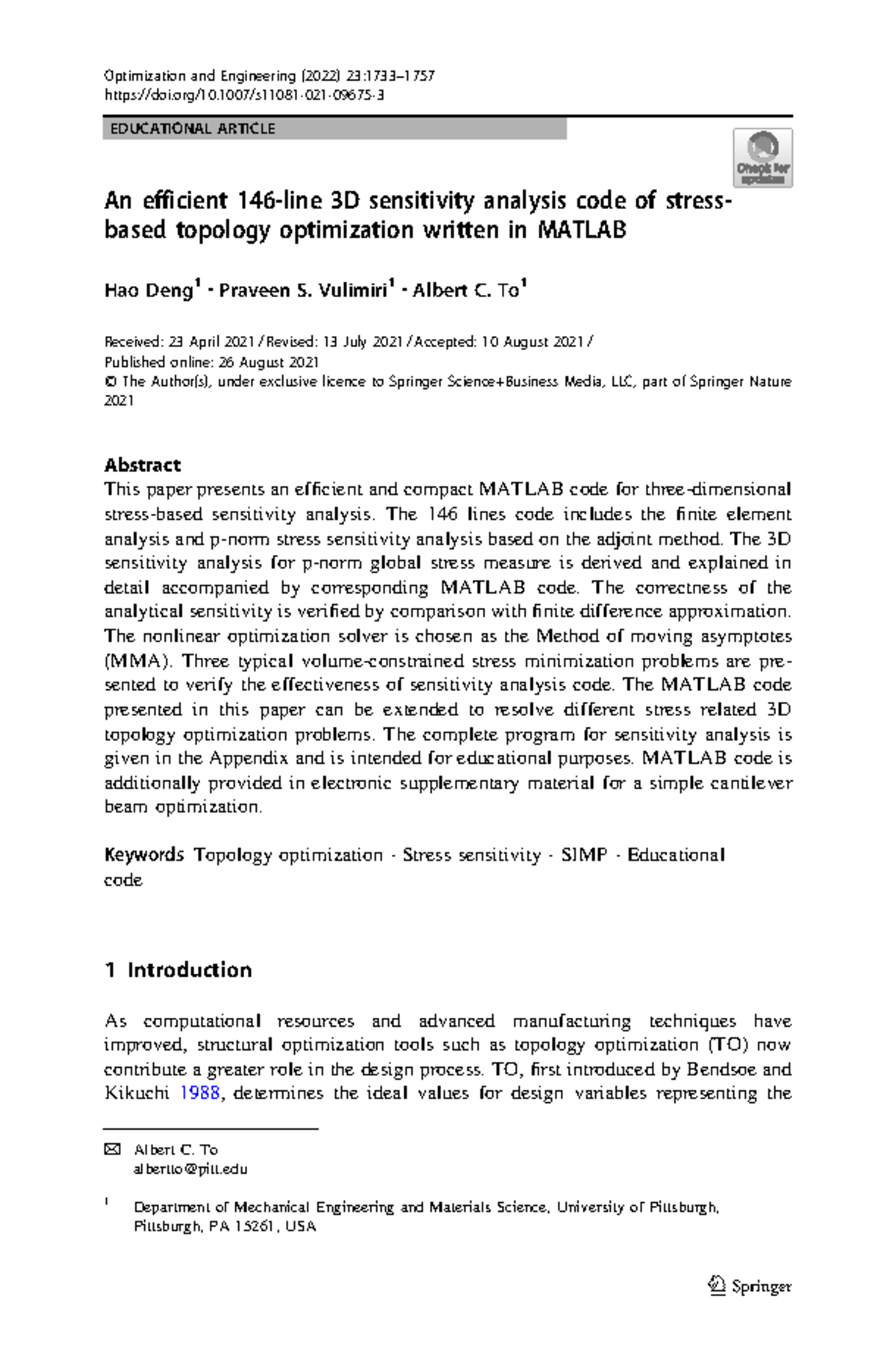 Efficient 3D Sensitivity Analysis Code for Stress-Based Topology ...