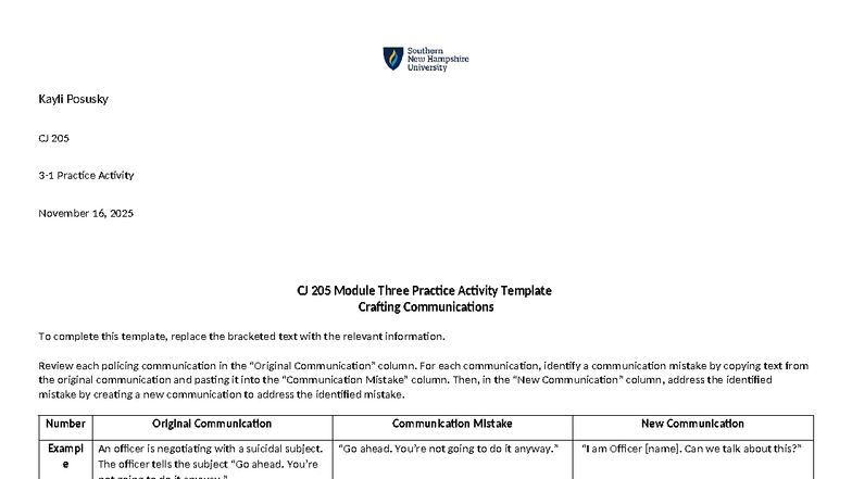 CJ 205 Module Three Practice Activity: Crafting Policing Communications ...