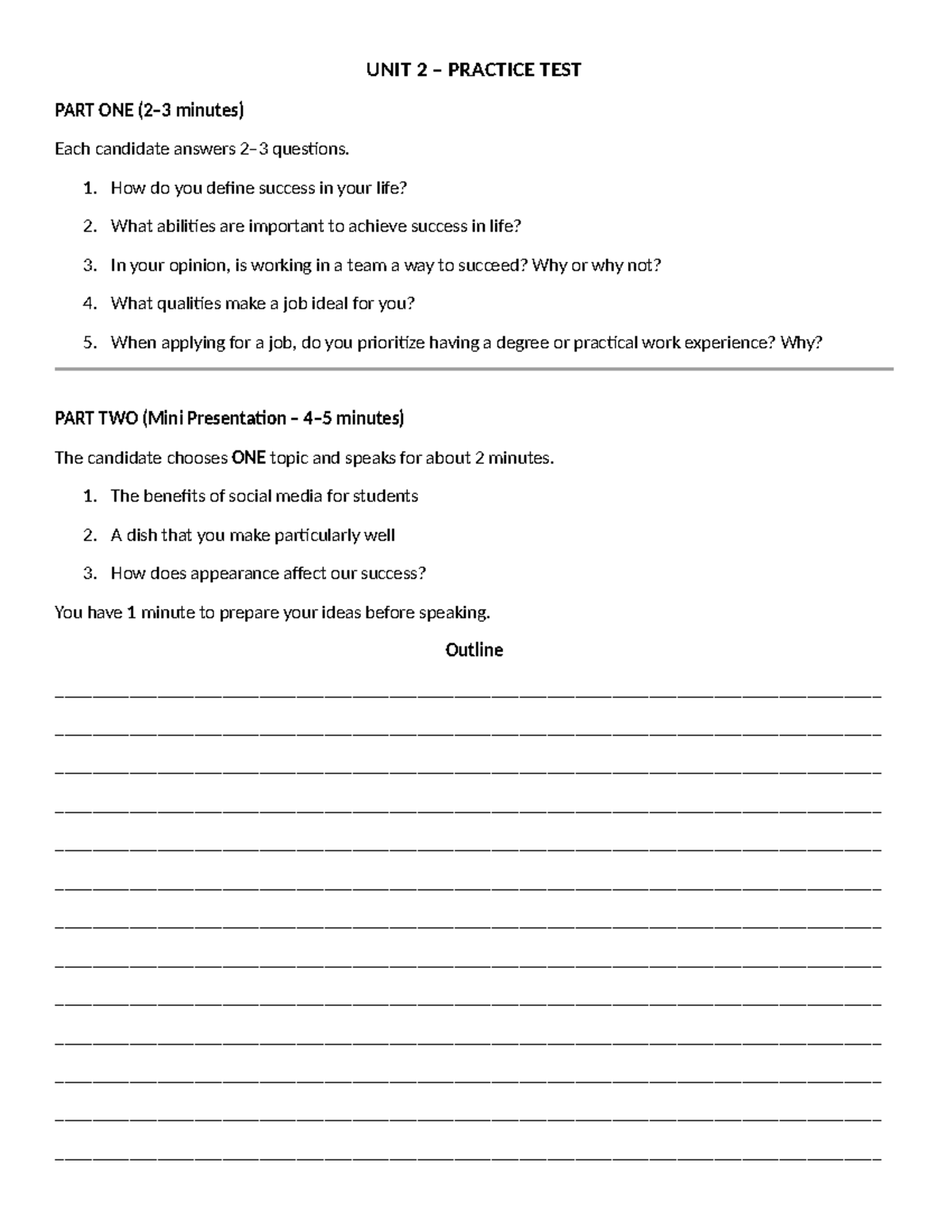 Unit 2 Practice Test: Speaking Skills & Topics - Studocu
