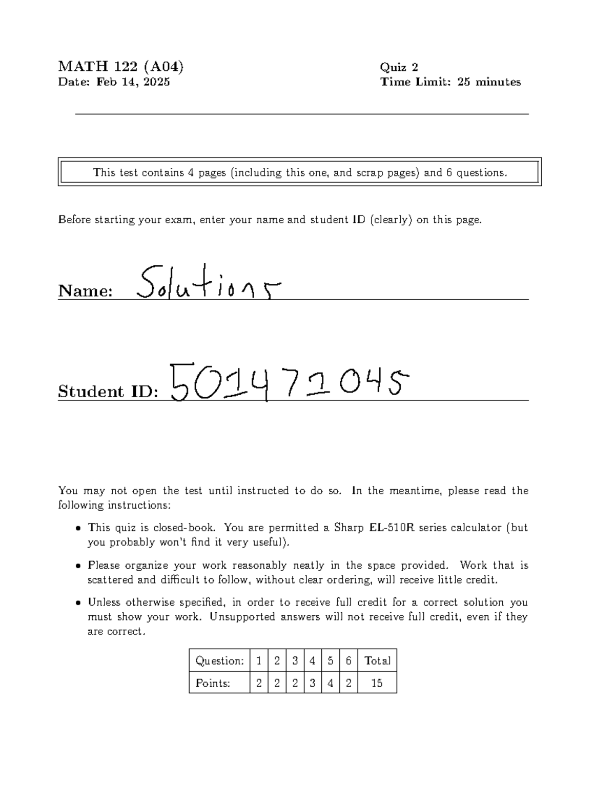 MATH 122 (A04) Quiz 2 Solutions - Archived February 2025 - Studocu